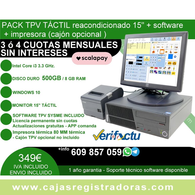 Pack TPV Táctil 15" Reacondicionado + SYSME TPV + Impresora + Cajón
